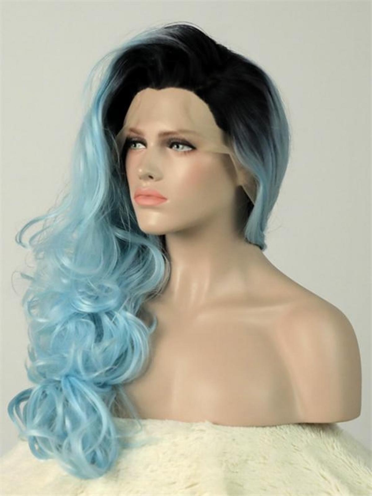 Black to Light Blue Wavy Long Lace Front Synthetic Wig-DQ029 ...