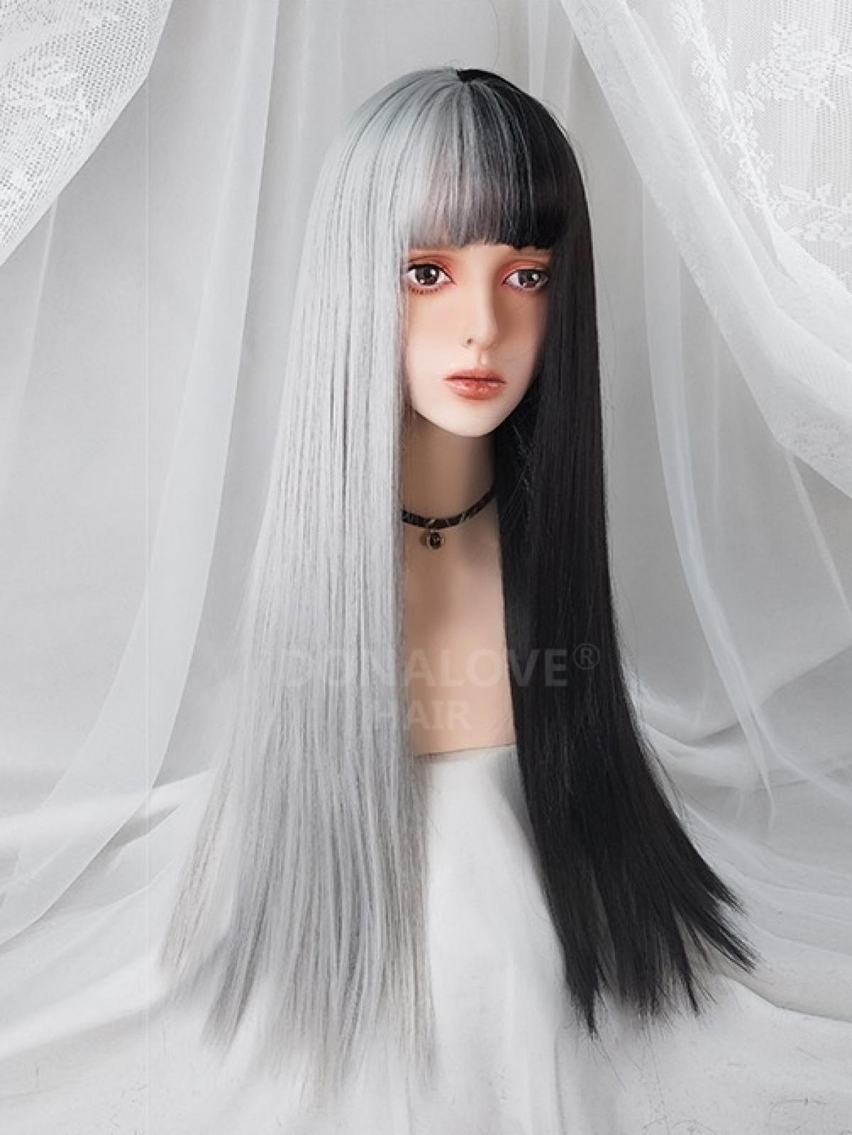 HALF BLACK AND HALF GREY LONG STRAIGHT SYNTHETIC WEFTED CAP WIG LG210 ...